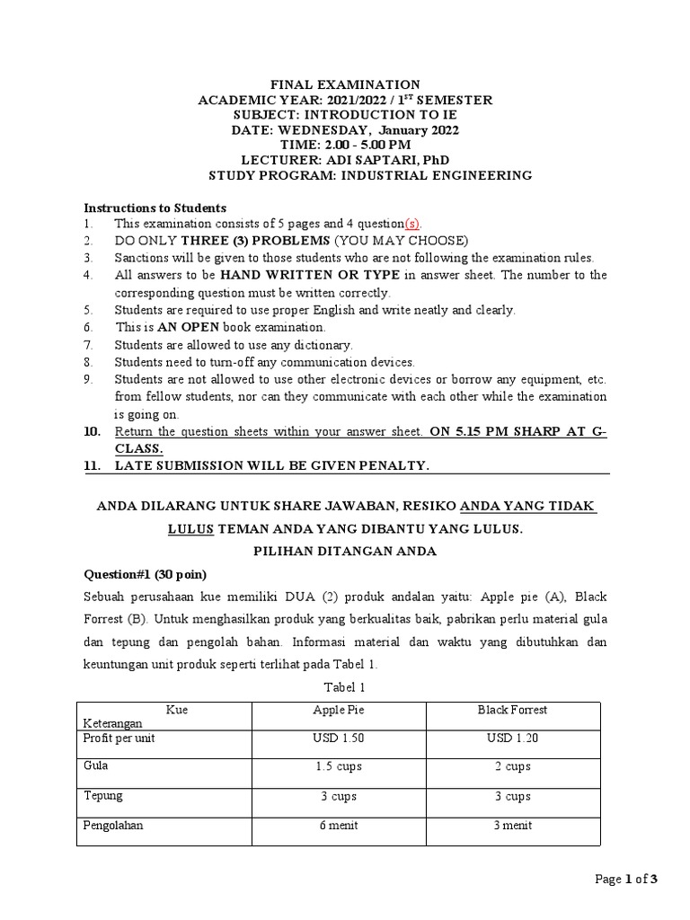 Soal Uas Intro To Ie | PDF