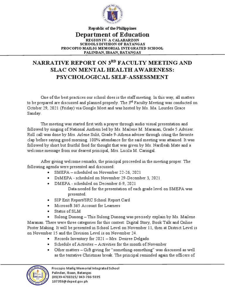 Narrative Report On 3RD Faculty Meeting and Slac | PDF | Mental Health ...