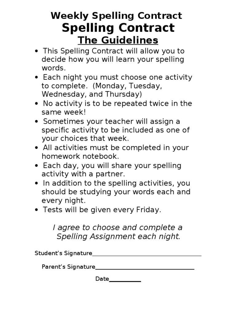 Weekly Spelling Contract Guidelines | PDF | Word Search | Word