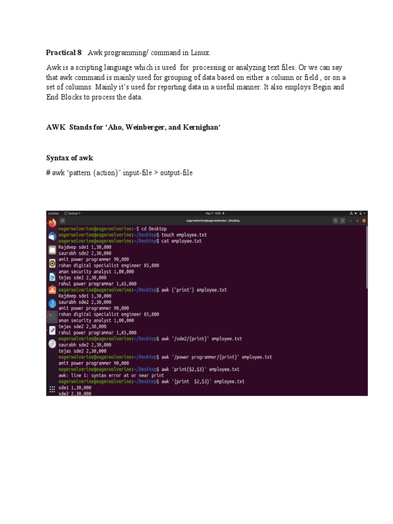 Practical 8 Awk Programming Command In Linux Pdf Computers