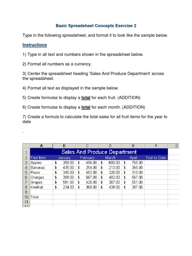 Basic Spreadsheet Concepts Exercise 2 Type in The - 5aadb1aa1723dda4b37e82ed | PDF | Spreadsheet ...