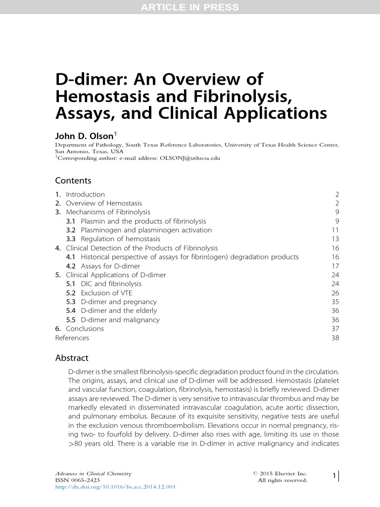 D-Dimer An Overview of Hemostasis and Fibrinolysis, Assays, and ...