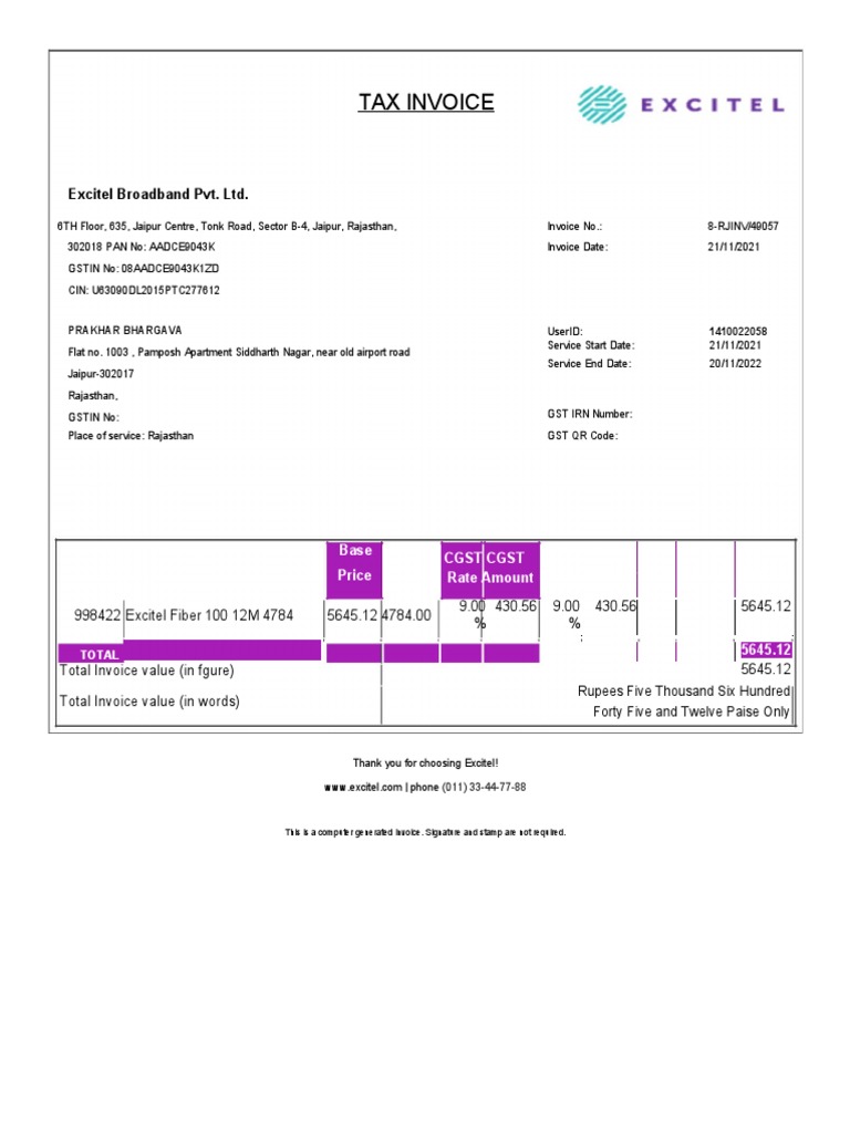 Tax Invoice: Excitel Broadband Pvt. LTD | PDF | Economies | Public Finance