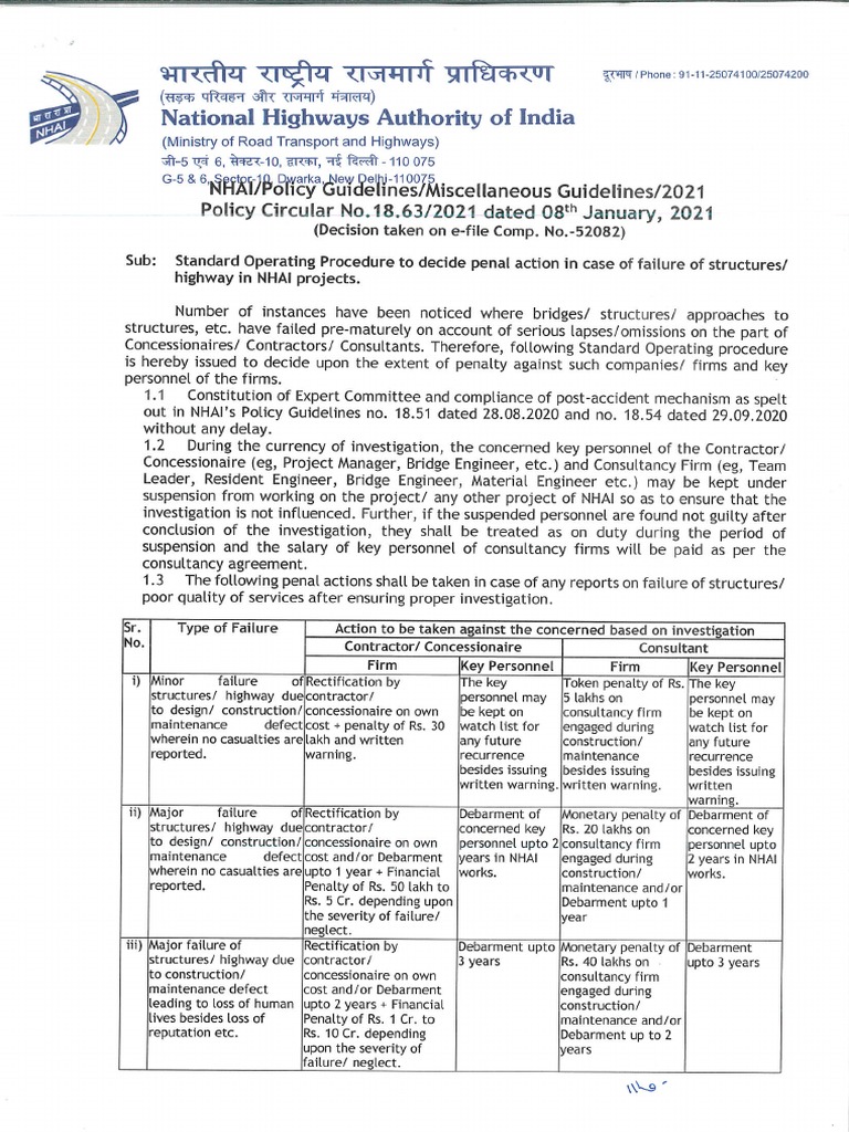 NHAI Policy Circular Regarding Failure of Structures Dated 08.01.2021 | PDF