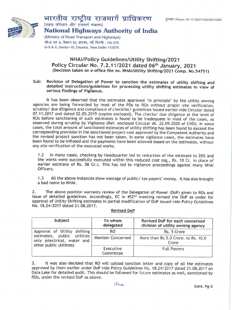NHAI Policy Circular Regarding Sanction of Utility Estimates and ...