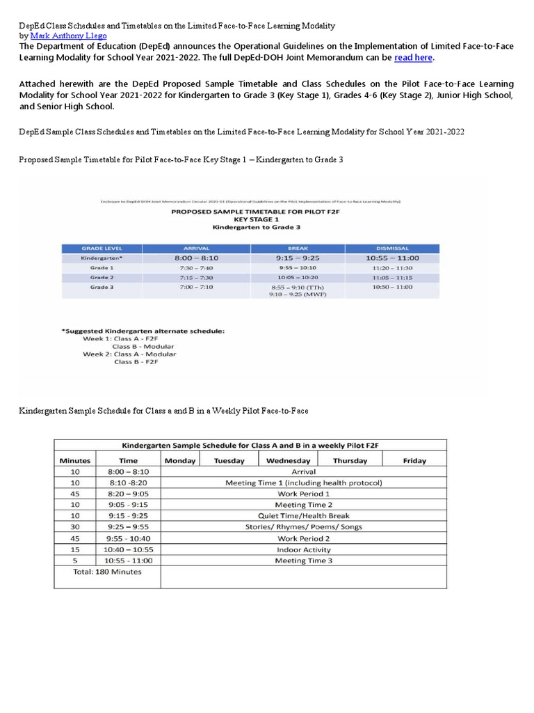 DepEd Class Schedules and Timetables On The Limited Face-to-Face ...