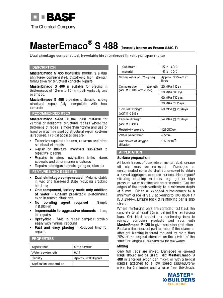 Masteremaco S 488: Dual Shrinkage Compensated, Trowelable Fibre ...
