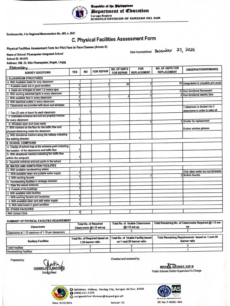 Physical Facilities Assessment Form (ELEM&JHS) | PDF