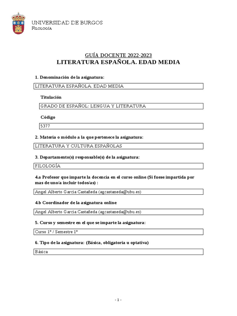 Guia Literatura Española Edad Media | PDF | Prueba (evaluación ...