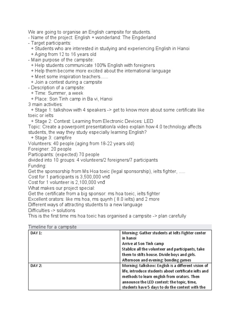 We Are Going To Organise An English Campsite For Students | PDF ...