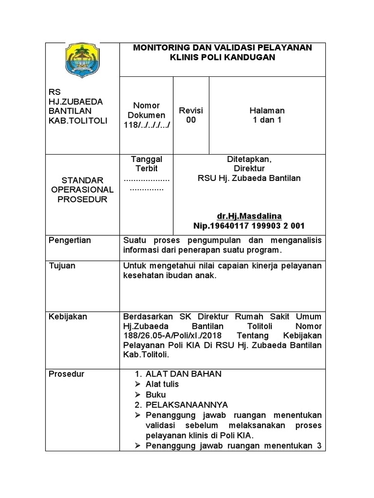 Sop Monitoring Dan Validasi Pelayanan Klinis Poli Kandungan | PDF
