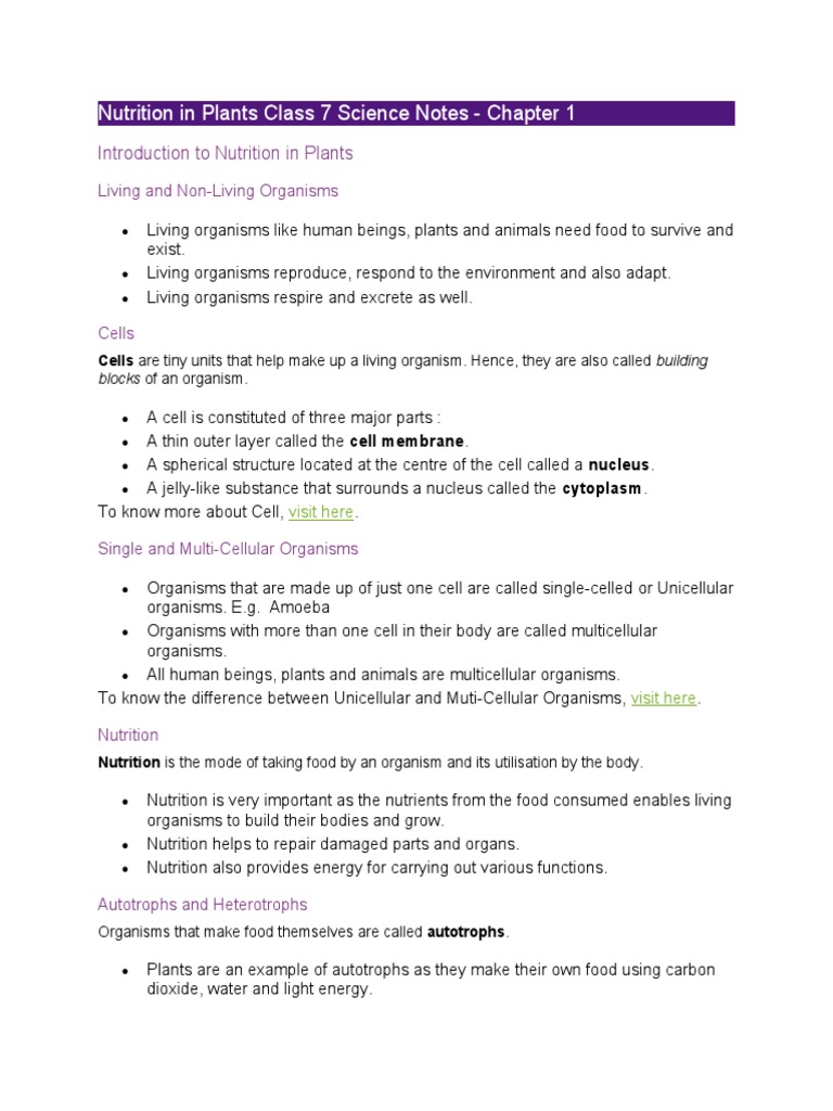 Nutrition in Plants Class 7 Science Notes - Chapter 1 | PDF | Plants ...