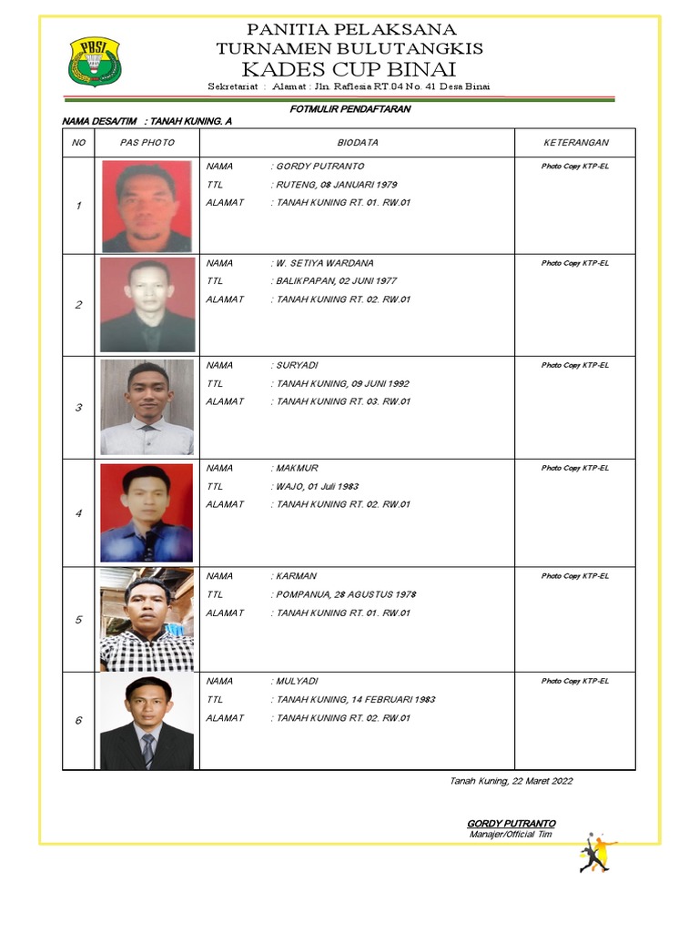 FORM PENDAFTARAN PB TANAH KUNING CUP 2022 - Salin | PDF