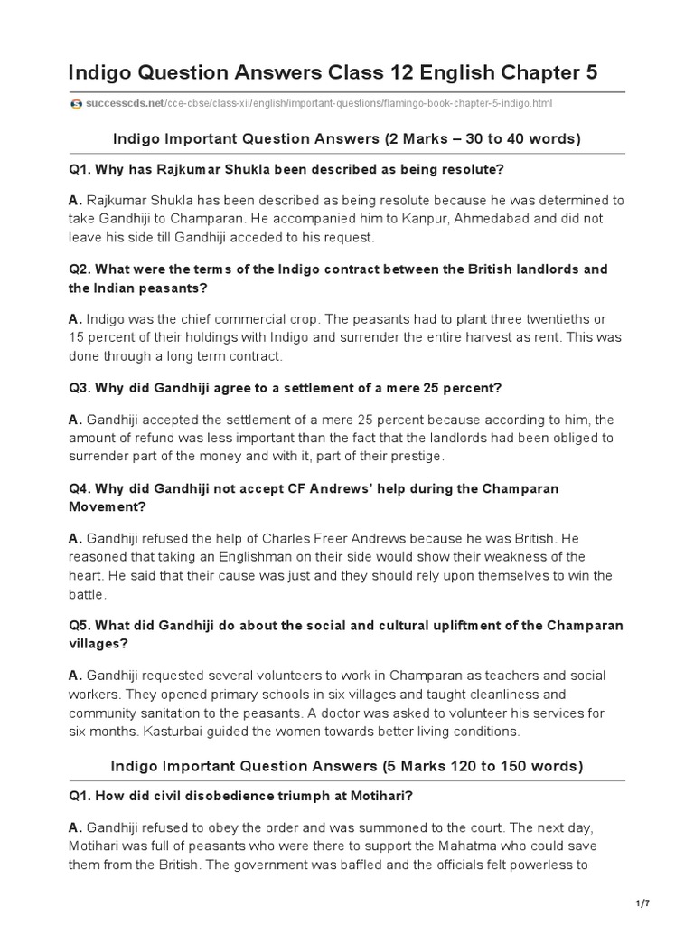 Indigo Question Answers Class 12 English Chapter 5 | PDF | Mahatma Gandhi