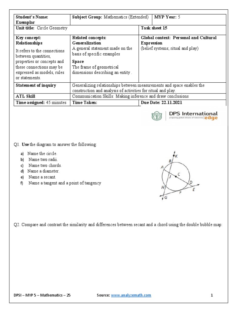 Math Task Sheet 15 - MYP 5 Extended - 22.11.21 | PDF | Circle | Area