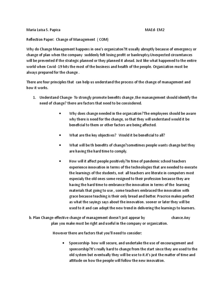 Change of Management Reflection Paper | PDF | Change Management | Business