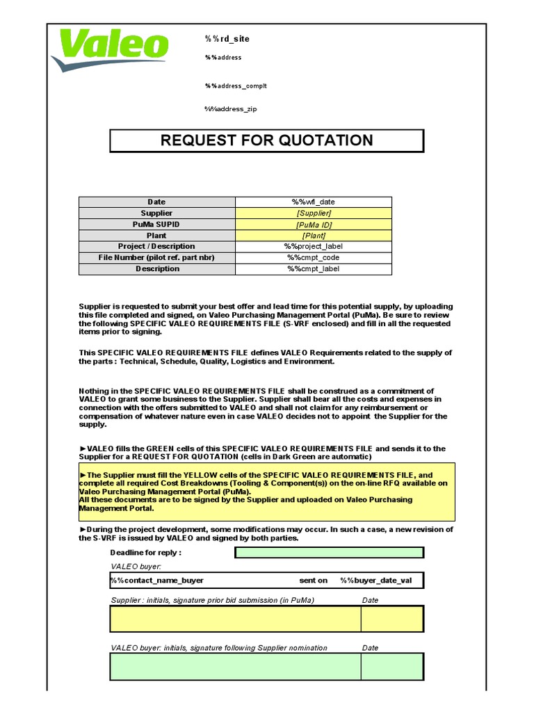 Valeo Supplier Quotation Request Guide | PDF | Packaging And Labeling ...