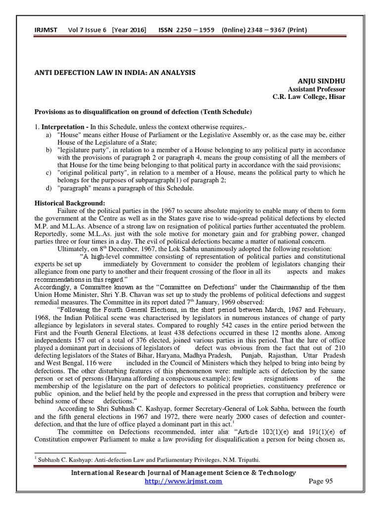 ANTI_DEFECTION_LAW_IN_INDIA_AN_ANALYSIS | PDF | Bill (Law) | Constitution