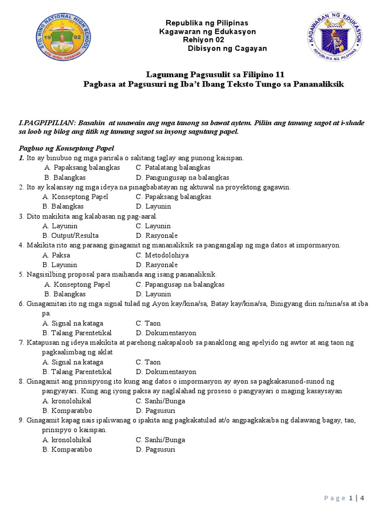 4th SUMMATIVE Test PAGBASA at PAGSUSURI | PDF