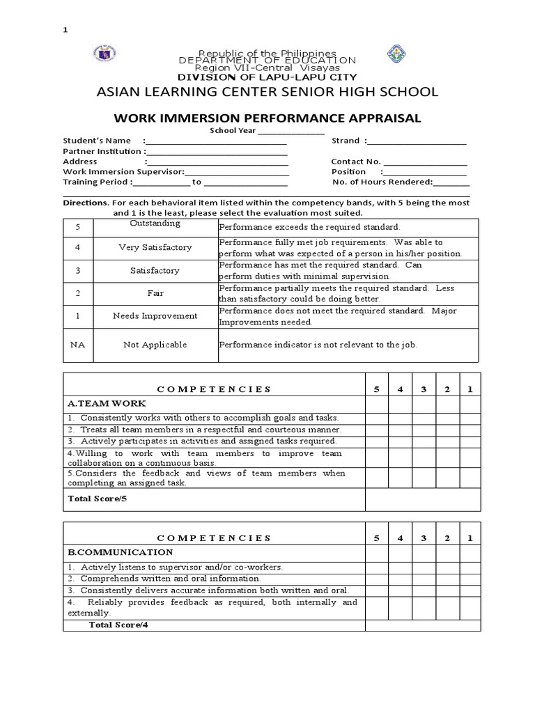 Asian Learning Center Senior High School: Work Immersion Performance Appraisal | PDF ...