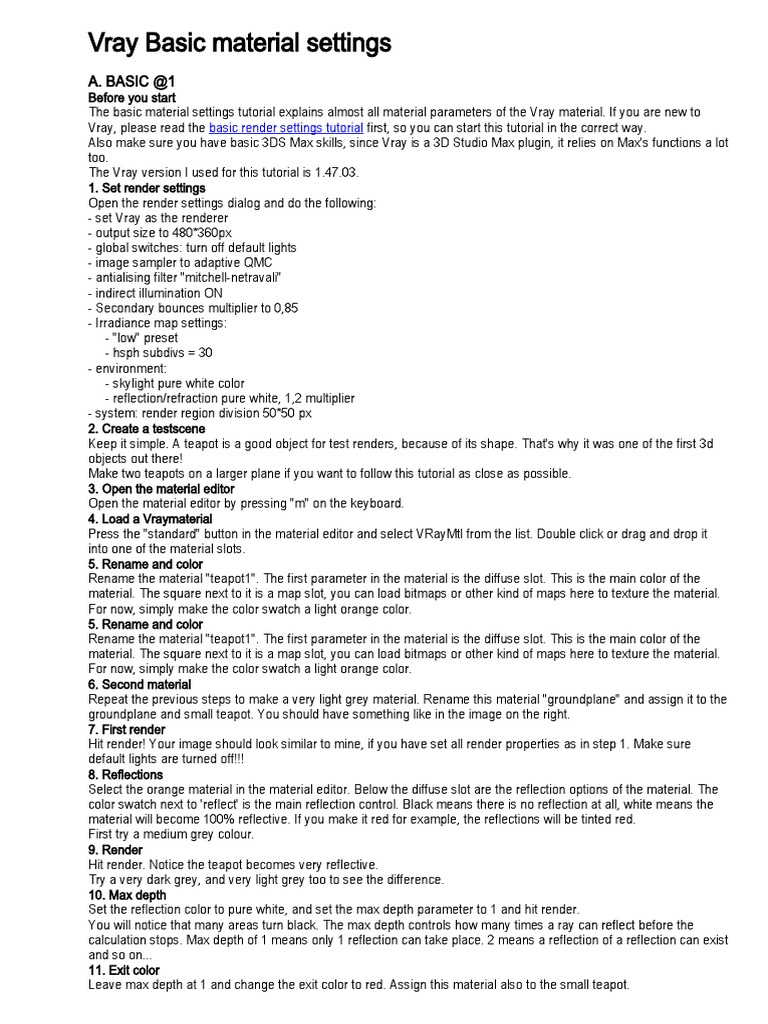 Vray Basic Material Settings | PDF | Refractive Index | Reflection ...