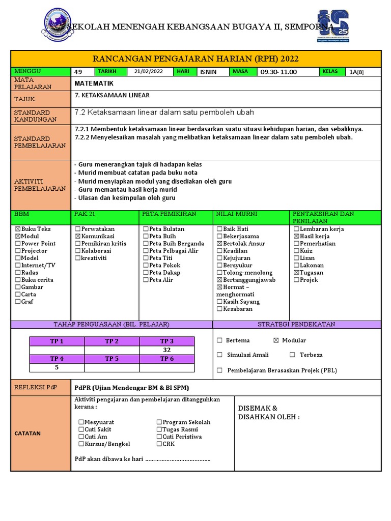 RPH Matematik SMK Bugaya II 2022 | PDF