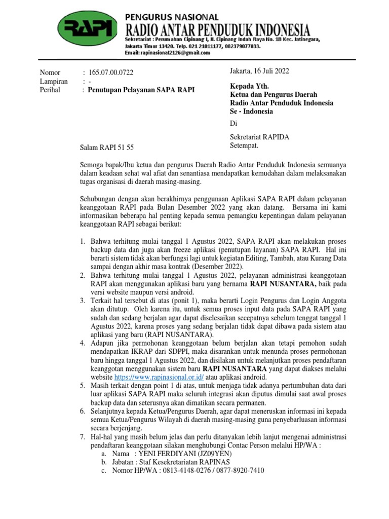 Surat No 165.07.00.0722 Edaran SAPA RAPI | PDF