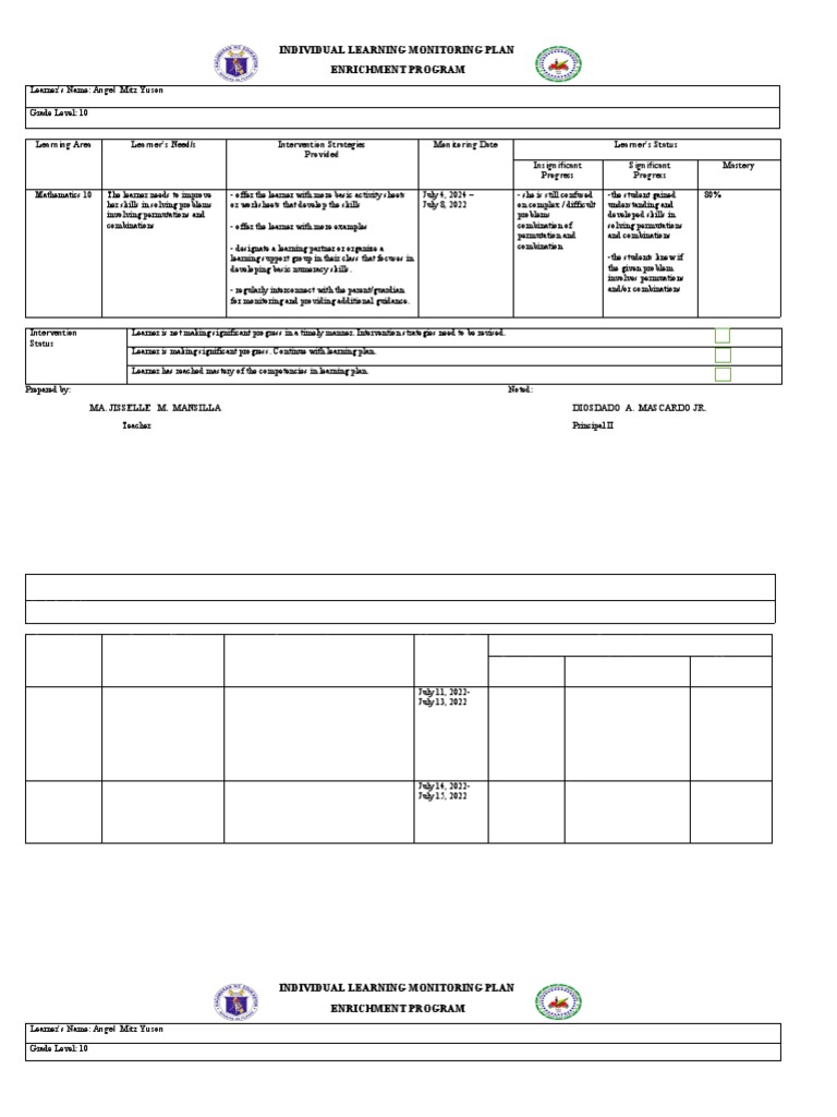 Sample Individual Learning Monitoring Plan | PDF | Learning | Polynomial
