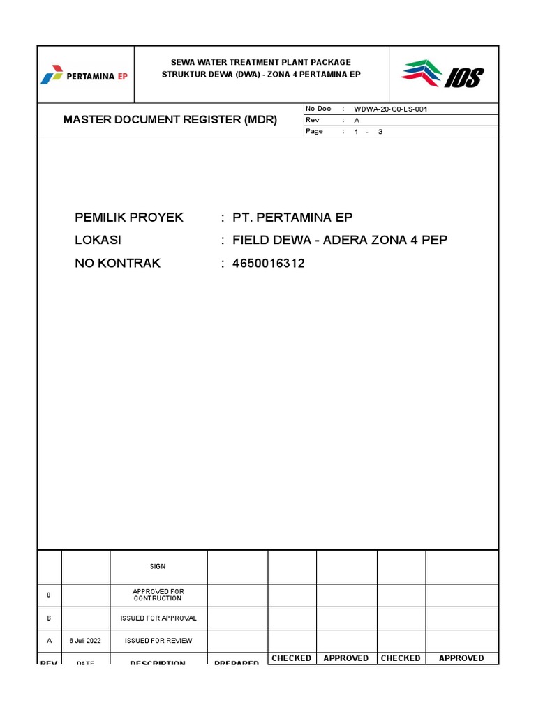 Master Document Register for the Sewa Water Treatment Plant Package Struktur Dewa (DWA) - Zona 4 ...
