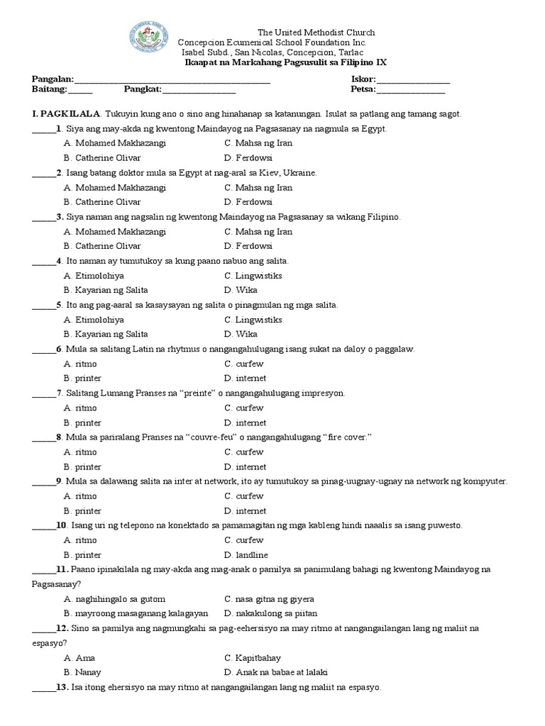 Ikaapat Na Markahang Pagsusulit Sa Filipino 9 | PDF