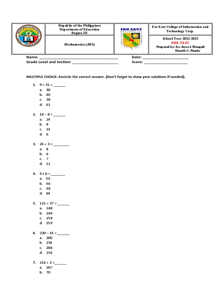Name: - Date: - Grade Level and Section: - Score | PDF | Mathematics ...
