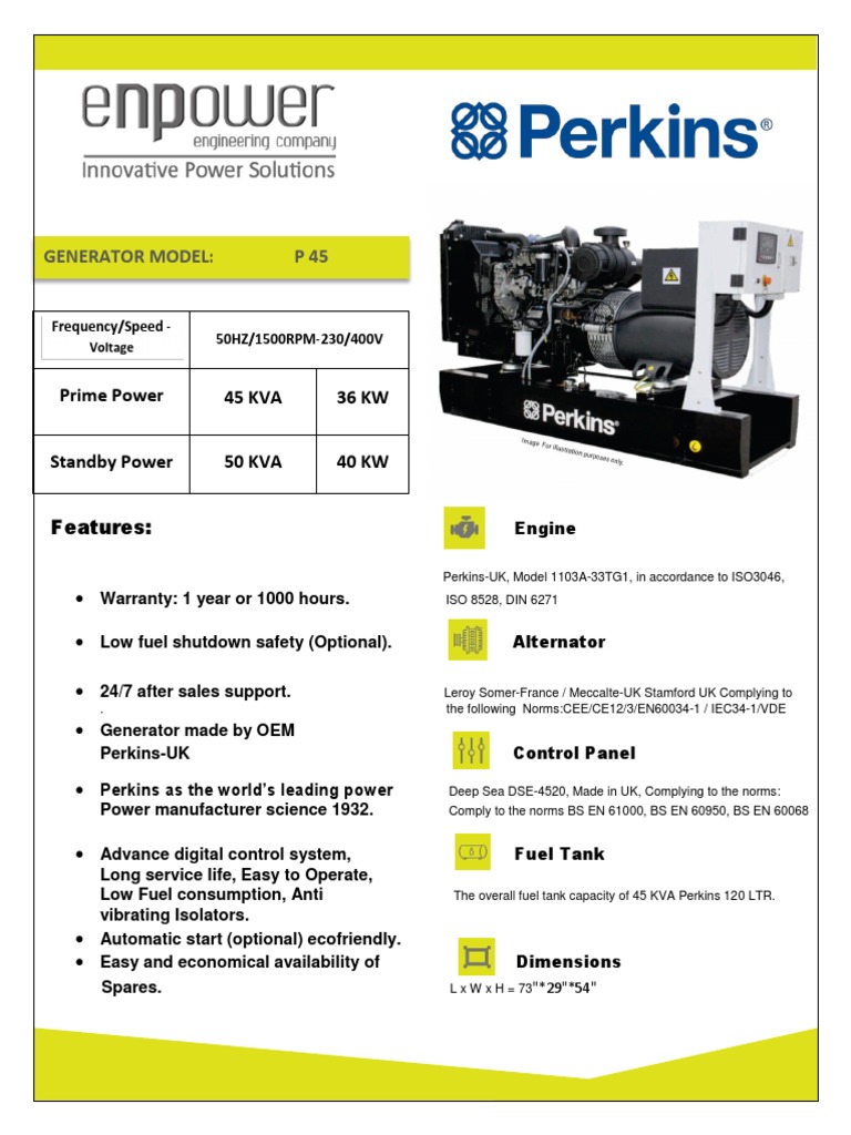 Generator Model: P45: Prime Power 45 KVA 36 KW | PDF | Diesel Engine ...