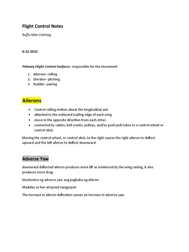 Flight Control Notes Finals | PDF | Flap (Aeronautics) | Flight Control ...