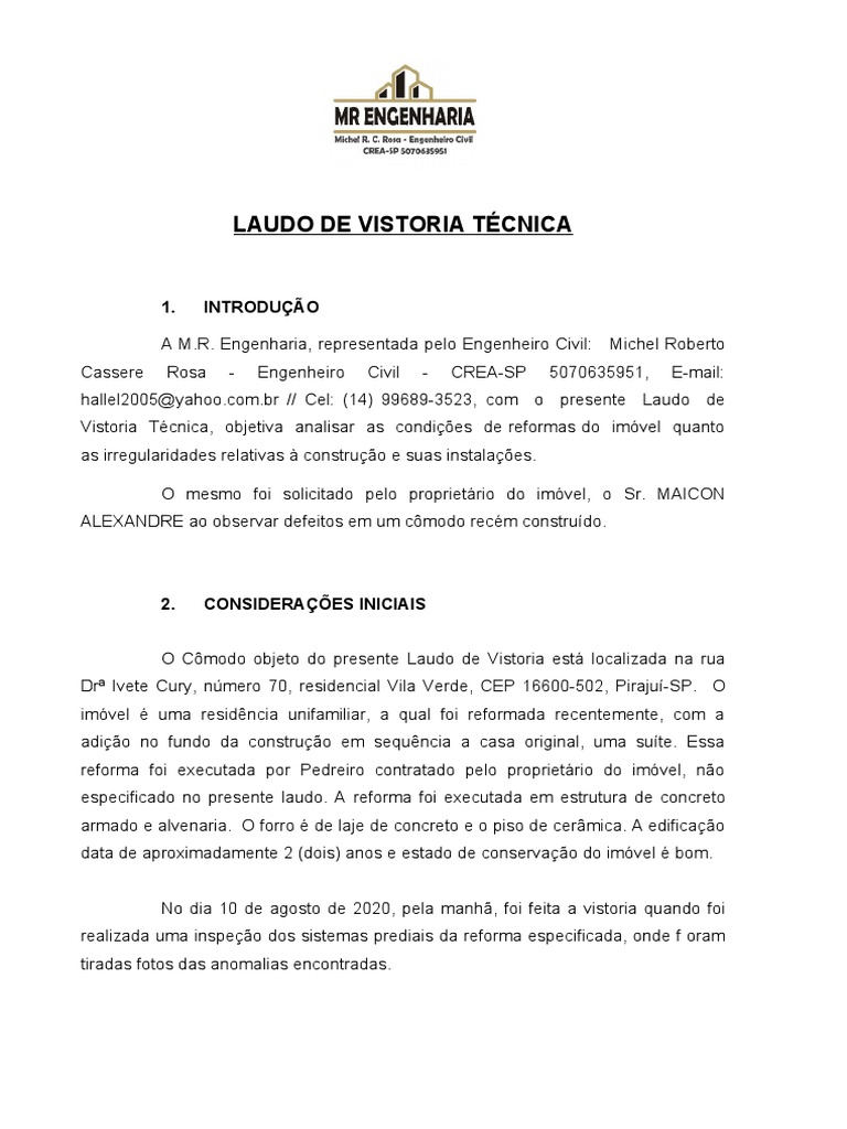 Laudo de Vistoria | PDF | Argamassa (alvenaria) | Engenharia