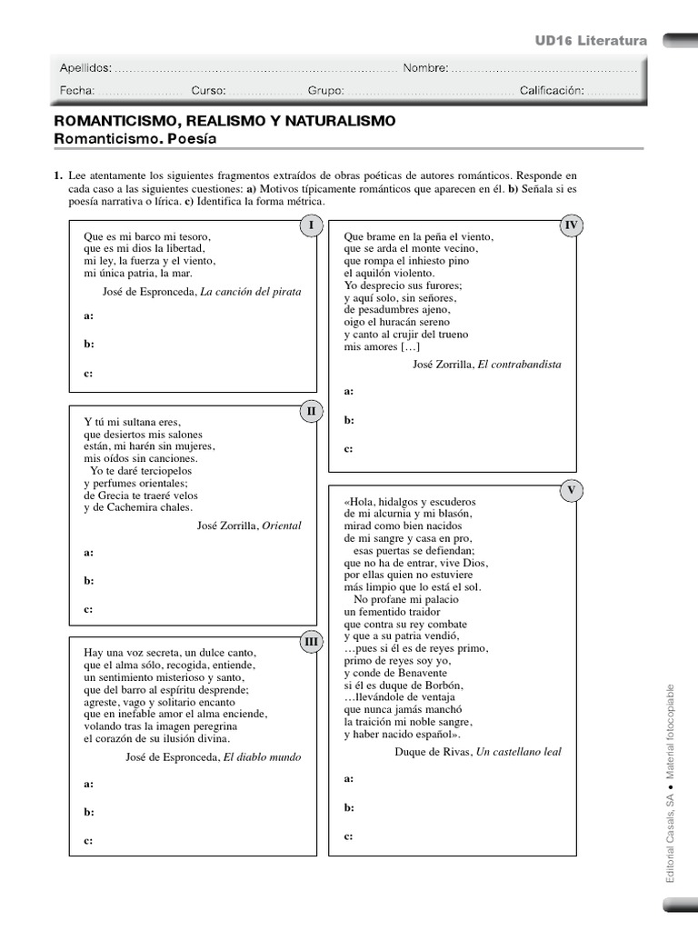 Actividades Complementarias. Romanticismo, Realismo y Naturalismo | PDF ...