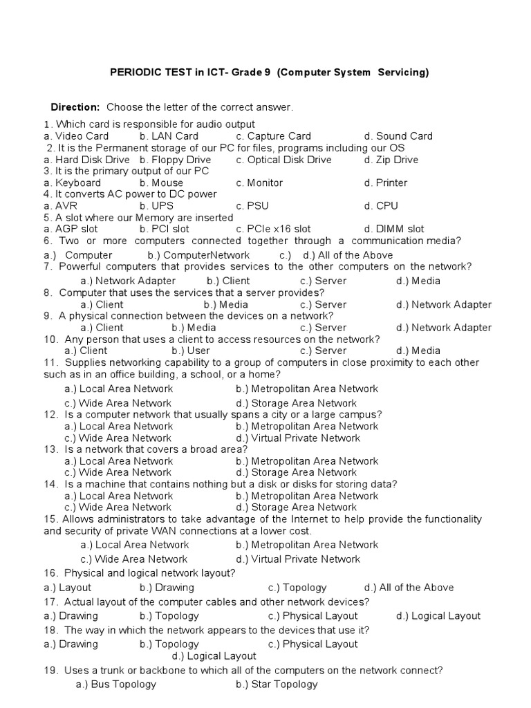 PERIODIC TEST in ICT-Grade 9 (Computer System Servicing) | PDF ...