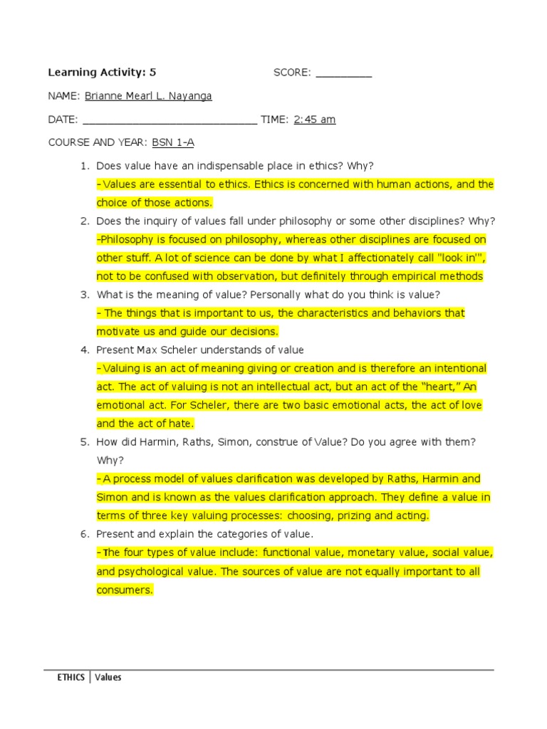 Activity NO 5 | PDF | Value (Ethics) | Morality