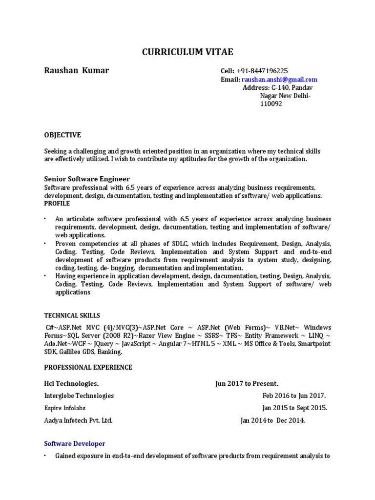 Curriculum Vitae: Raushan Kumar | PDF | Entity Framework | Microsoft Sql Server
