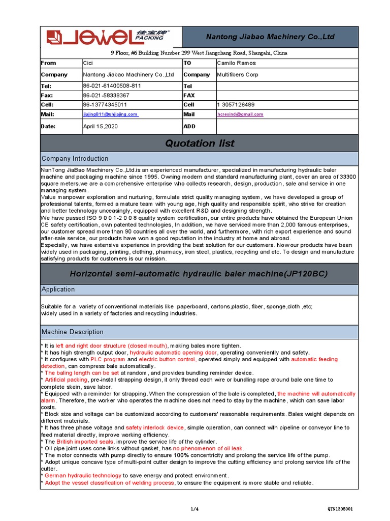 (JP120BC) Quotation of Horizontal Semi-Automatic Hydraulic Baler ...