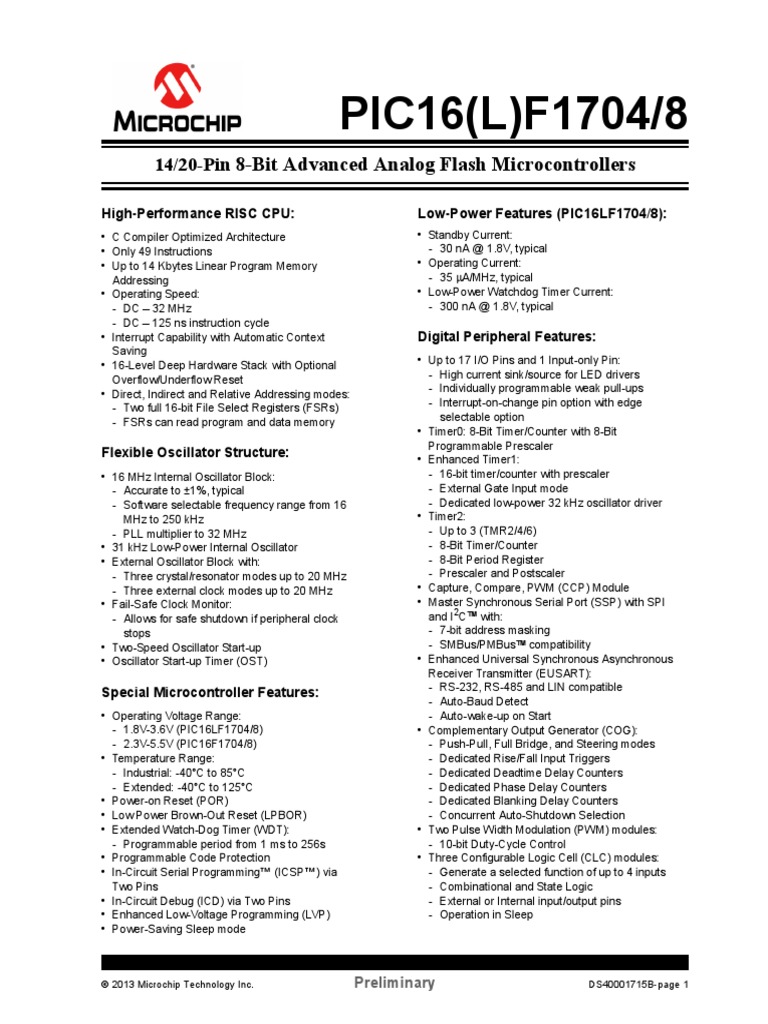 PIC16 (L) F1704/8: 8-Bit Advanced Analog Flash Microcontrollers | PDF | Analog To Digital ...