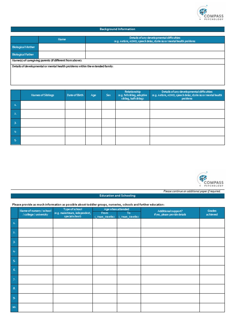 Family and Developmental History Questionnaire | PDF | Autism | Special ...