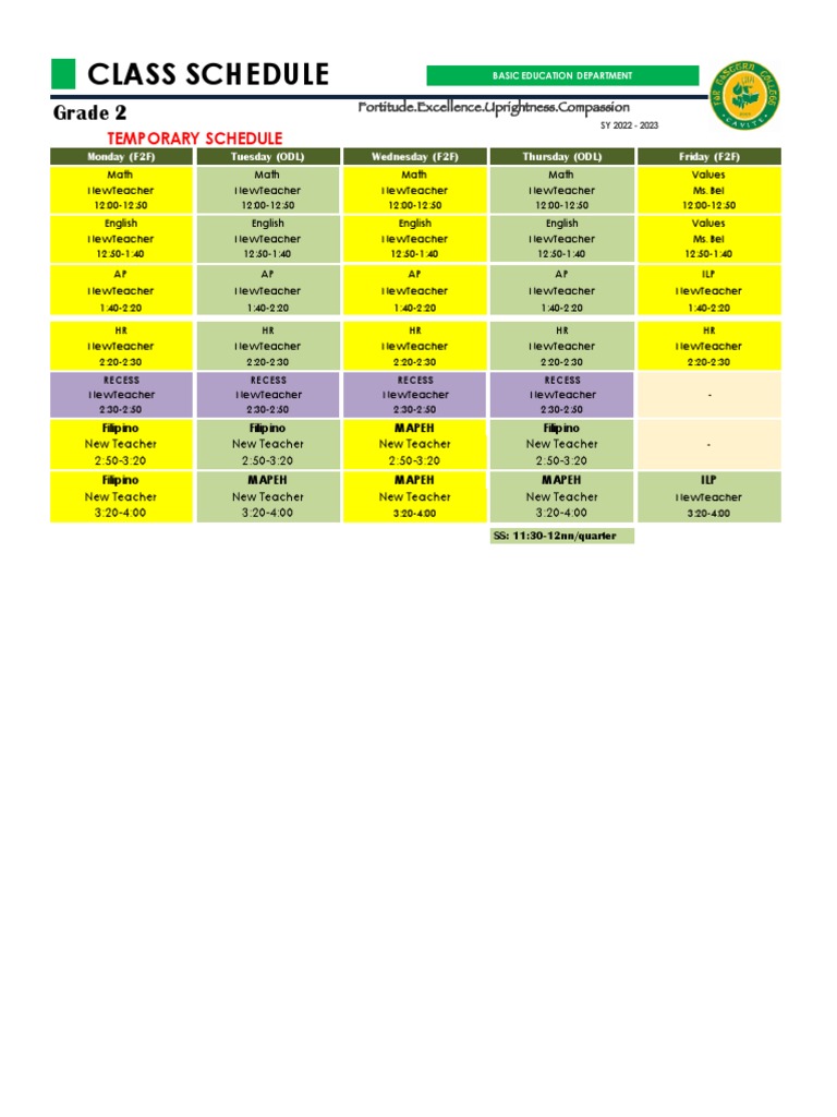 Grade 2 - Temporary Schedule | PDF