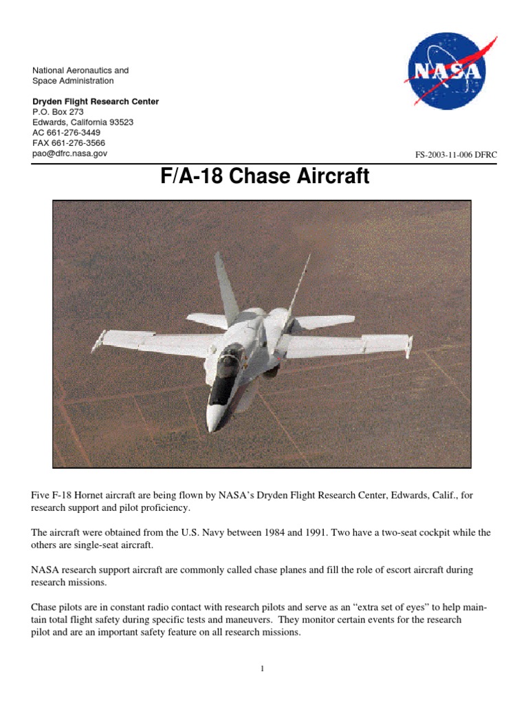 NASA Facts FA-18 Chase Aircraft 2003 | PDF