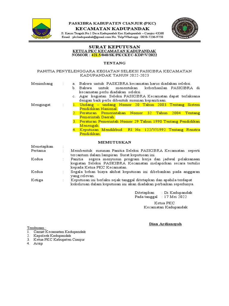 SK Panitia Seleksi Paskibra Kadupandak | PDF