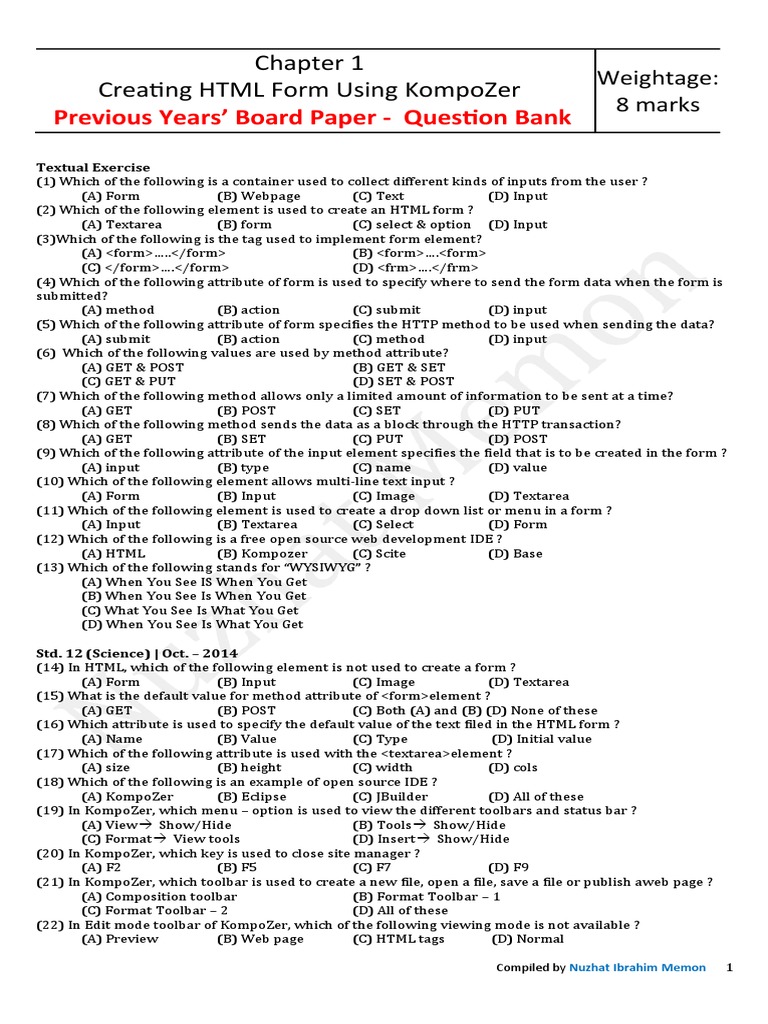 Std 12 Chapter 1 Creating Html Form Using Kompozer Textual Exercise And Previous Years Board