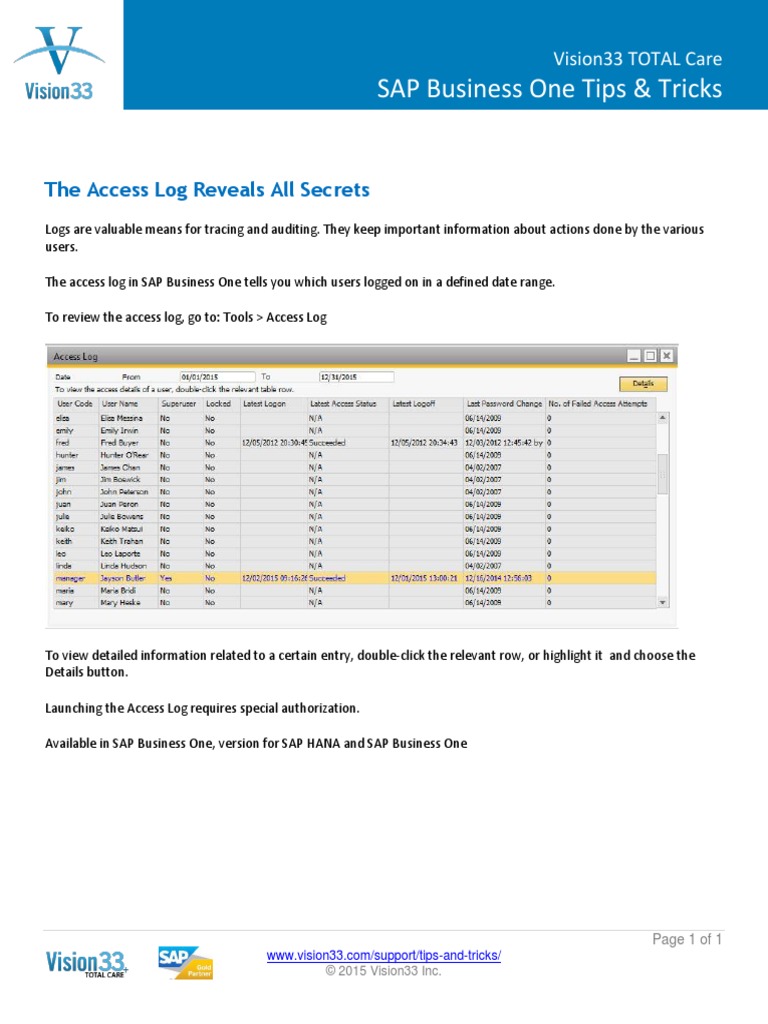 SAP Business One Tips & Tricks: The Access Log Reveals All Secrets | PDF