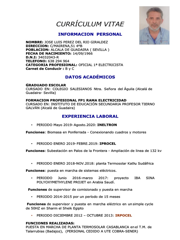 CV Jose Luis Perez Del Rio Eléctrico | PDF