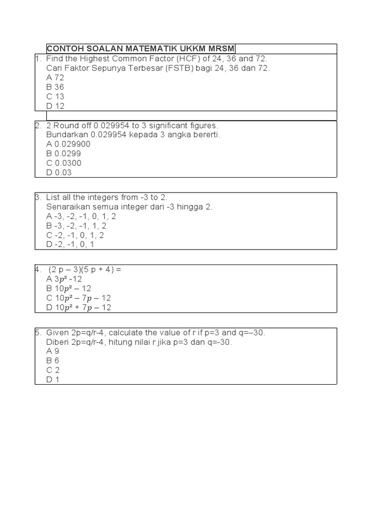 Contoh Soalan Matematik UKKM MRSM | PDF | Mathematics | Arithmetic