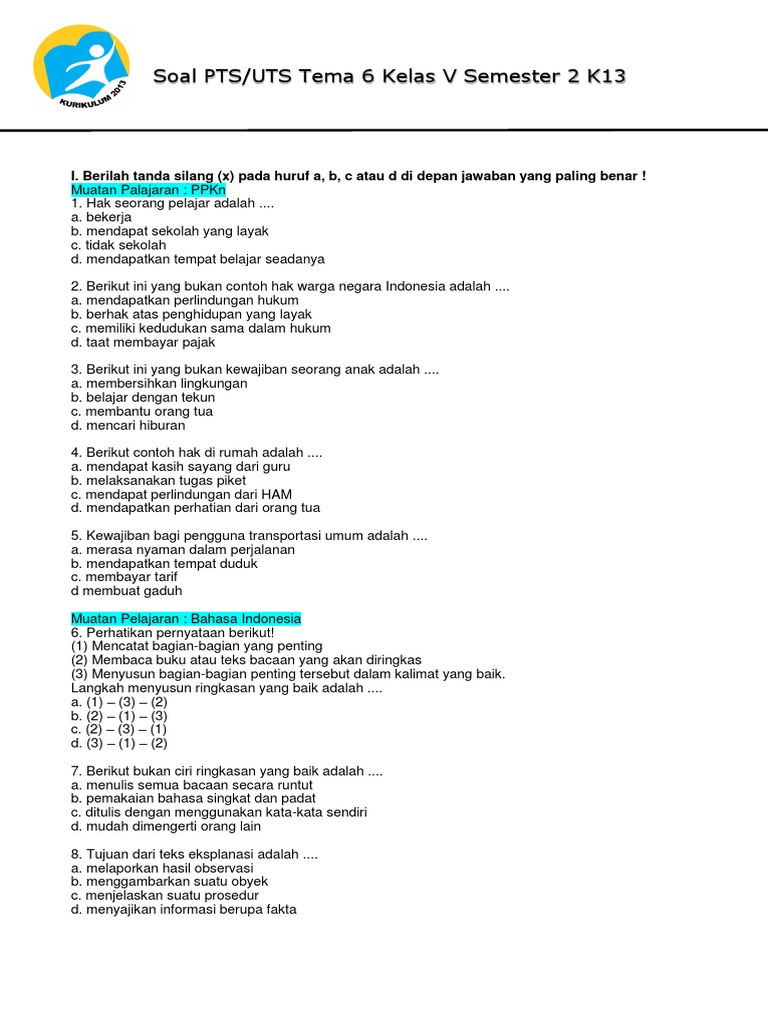 Latihan Soal Tema - 6 - Kelas - 5 - Semester - 2 - Kurikulum - 2013 | PDF