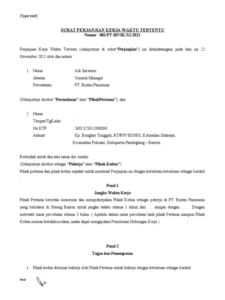 Surat Perjanjian Kerja Waktu Tertentu | PDF